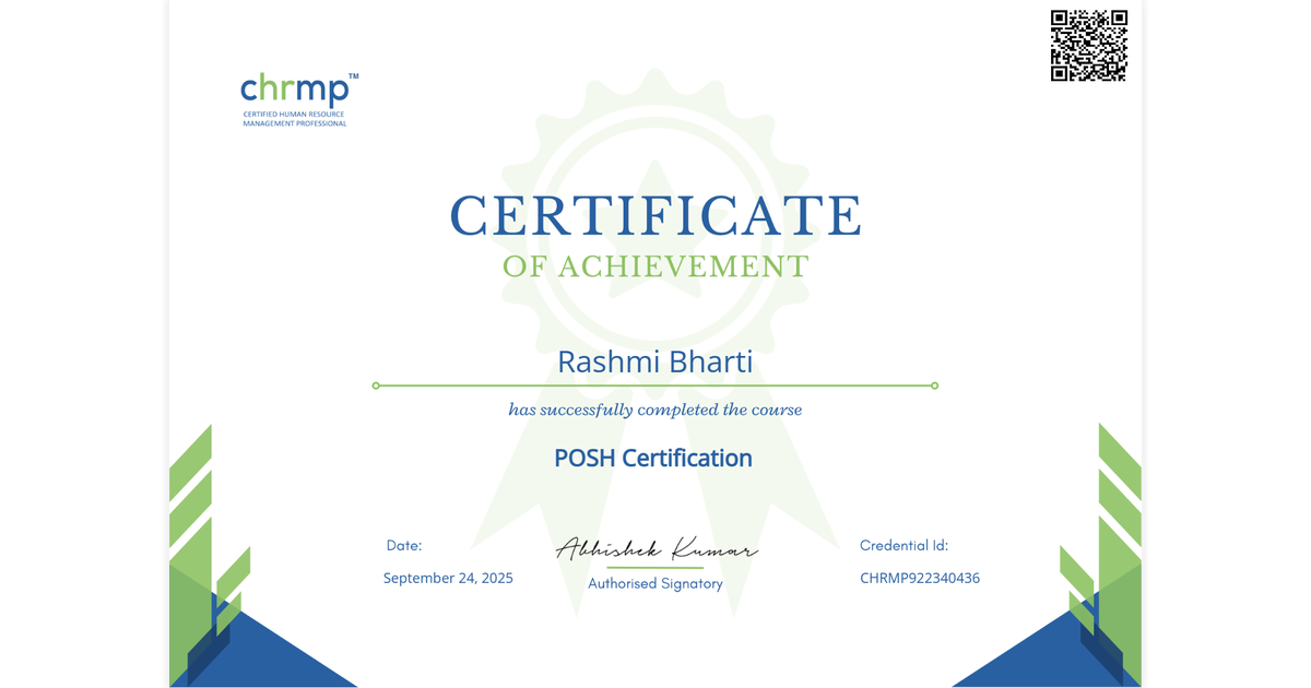 Rashmi Bharti | POSH Certification | CHRMP (Certified Human Resource ...