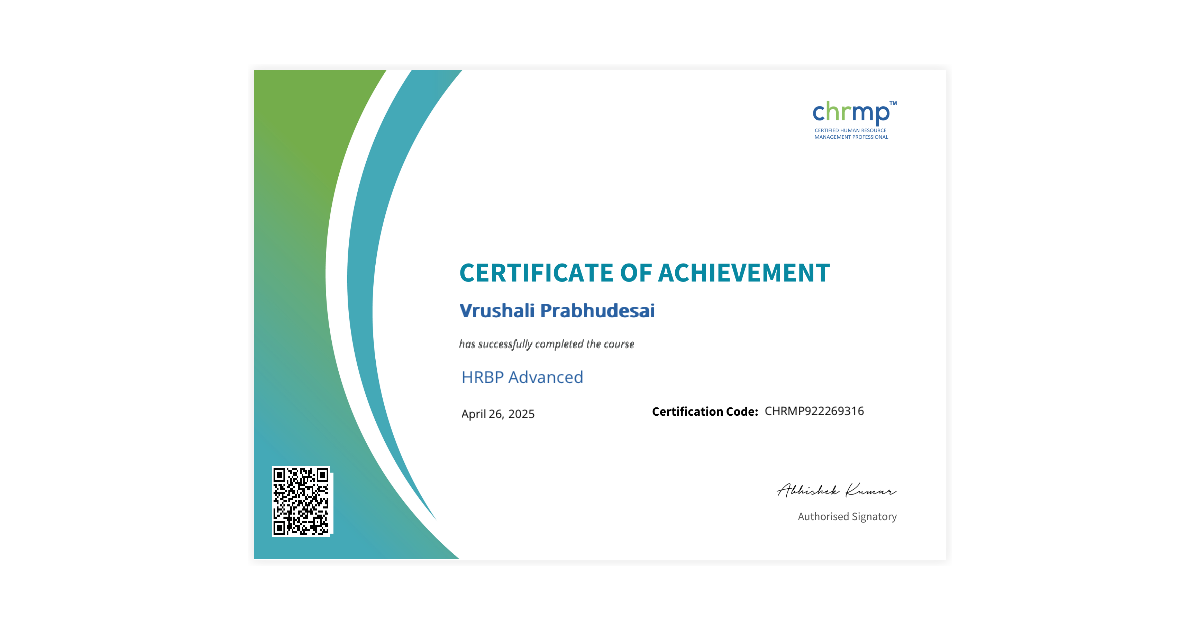Vrushali Prabhudesai | HRBP Advanced | CHRMP (Certified Human Resource Management Professional ...